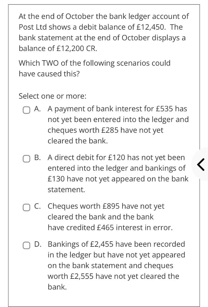 Solved At the end of October the bank ledger account of Post | Chegg.com