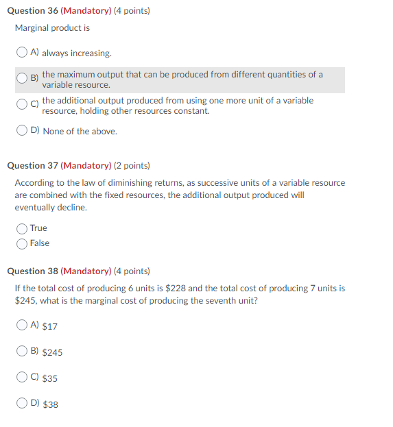 Solved Question 36 (Mandatory) (4 points) Marginal product | Chegg.com Solved Question 36 (Mandatory) (4 points) Marginal product | Chegg.com