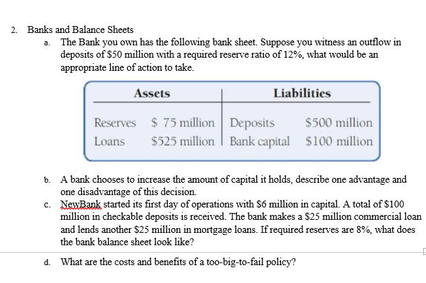 Solved 2. Banks and Balance Sheets a. The Bank you own has | Chegg.com