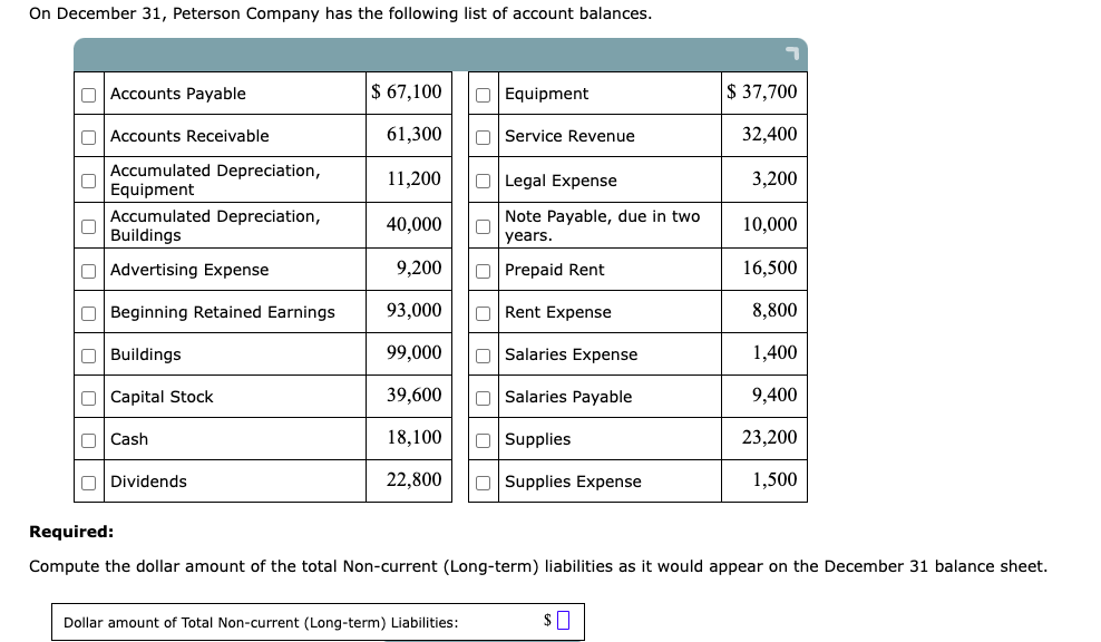 Solved On December 31 , Peterson Company has the following | Chegg.com