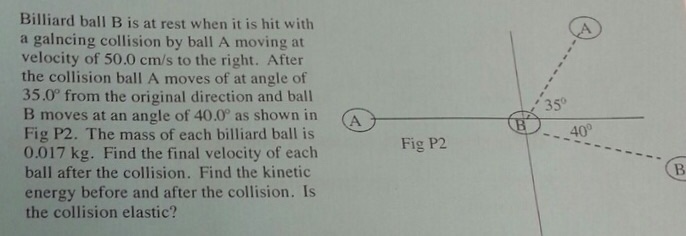 Solved Billiard ball B is at rest when it is hit with a | Chegg.com