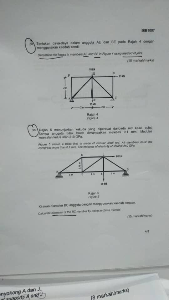 Solved BIB 1007 Tentukan daya-daya dalam anggota AE dan BE | Chegg.com