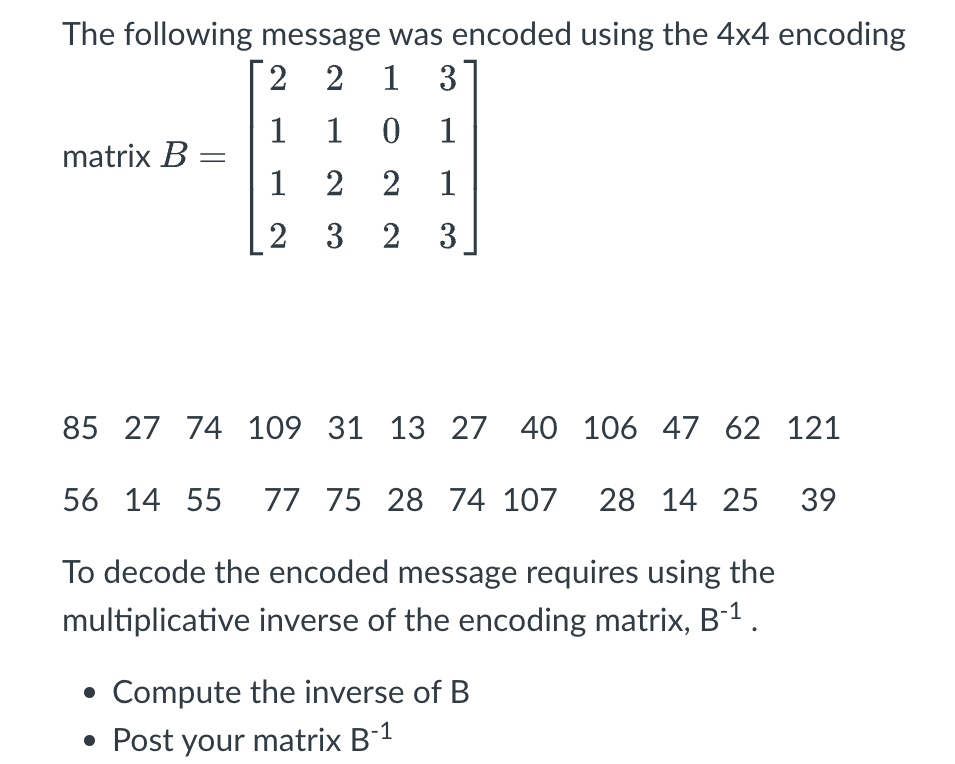 Solved The following message was encoded using the 4×4 | Chegg.com