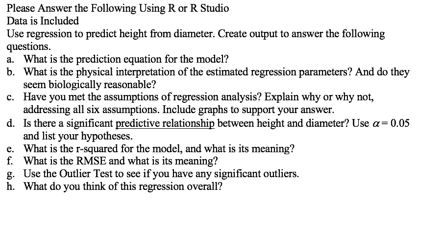 Solved Please Answer the Following Using R or R Studio Data | Chegg.com