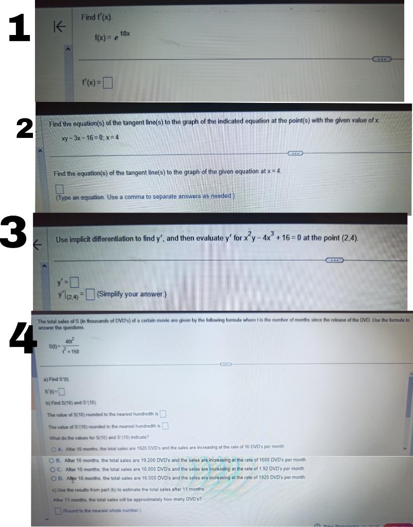 Solved Find f′(x). f(x)=e18x f′(x)= Find the equation(s) of | Chegg.com