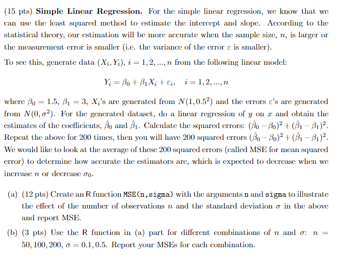 Solved (15 pts) Simple Linear Regression. For the simple | Chegg.com