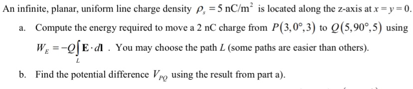 Solved An infinite, planar, uniform line charge density | Chegg.com