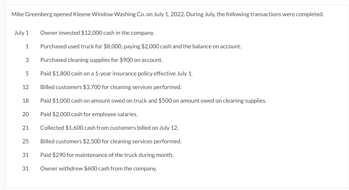 Solved Mike Greenberg opened Kleene Window Washing Co. on | Chegg.com