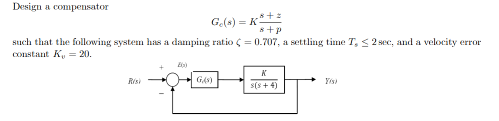 Solved Design a compensator Gc(s) =K s+p such that the | Chegg.com