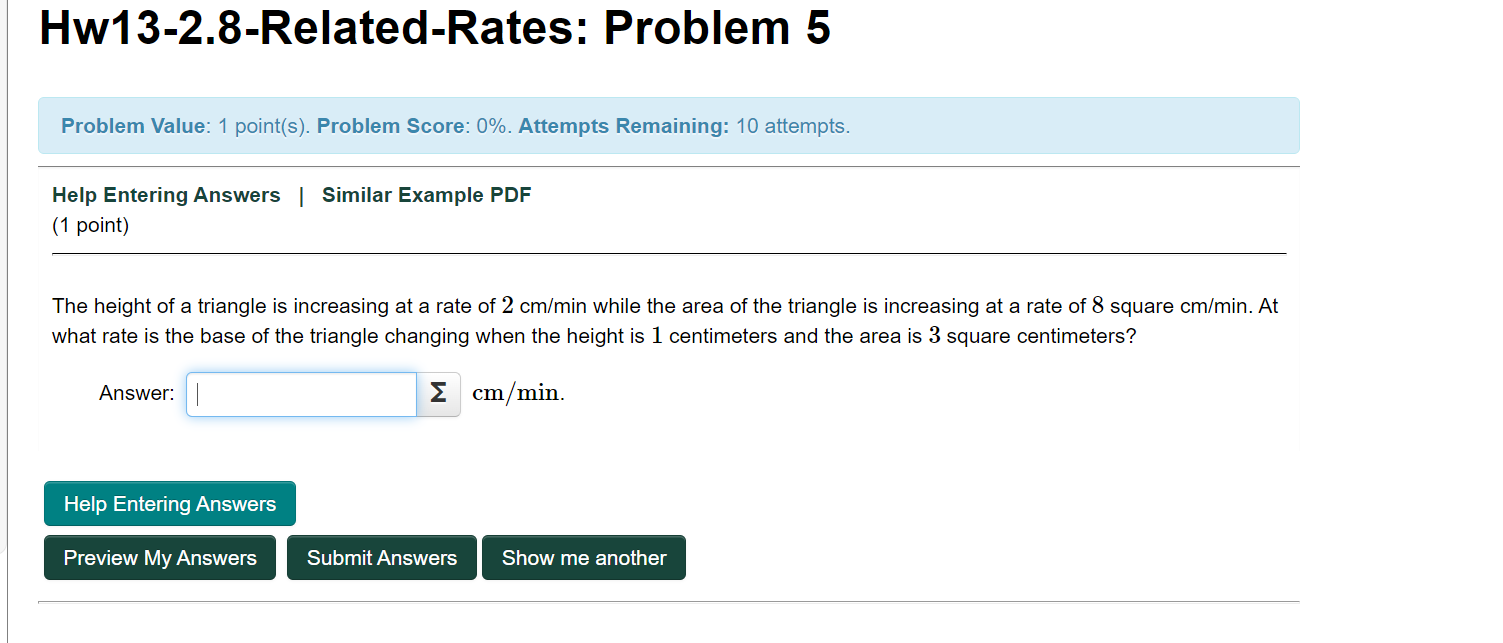 Solved The height of a triangle is increasing at a rate of 2 | Chegg.com