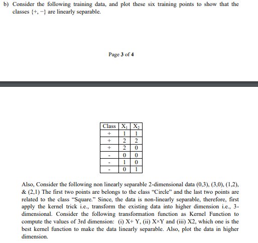 b) Consider the following training data, and plot | Chegg.com