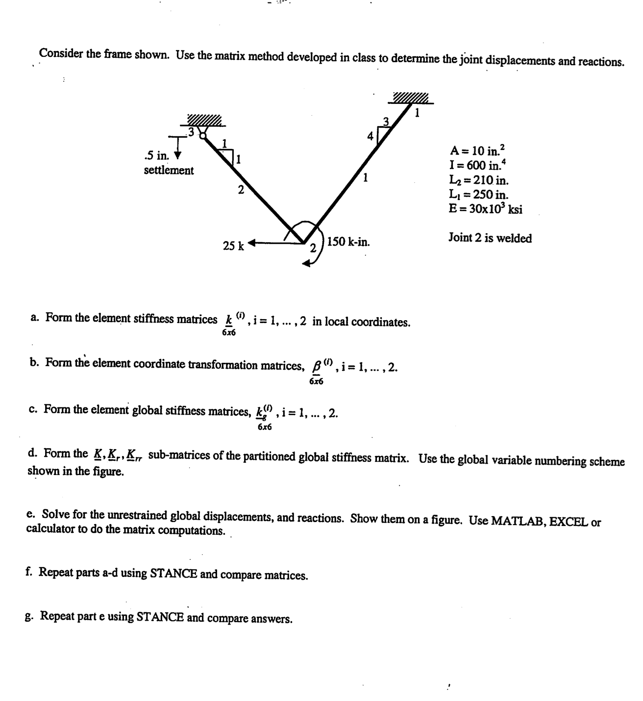 Solved Consider the frame shown. Use the matrix method | Chegg.com