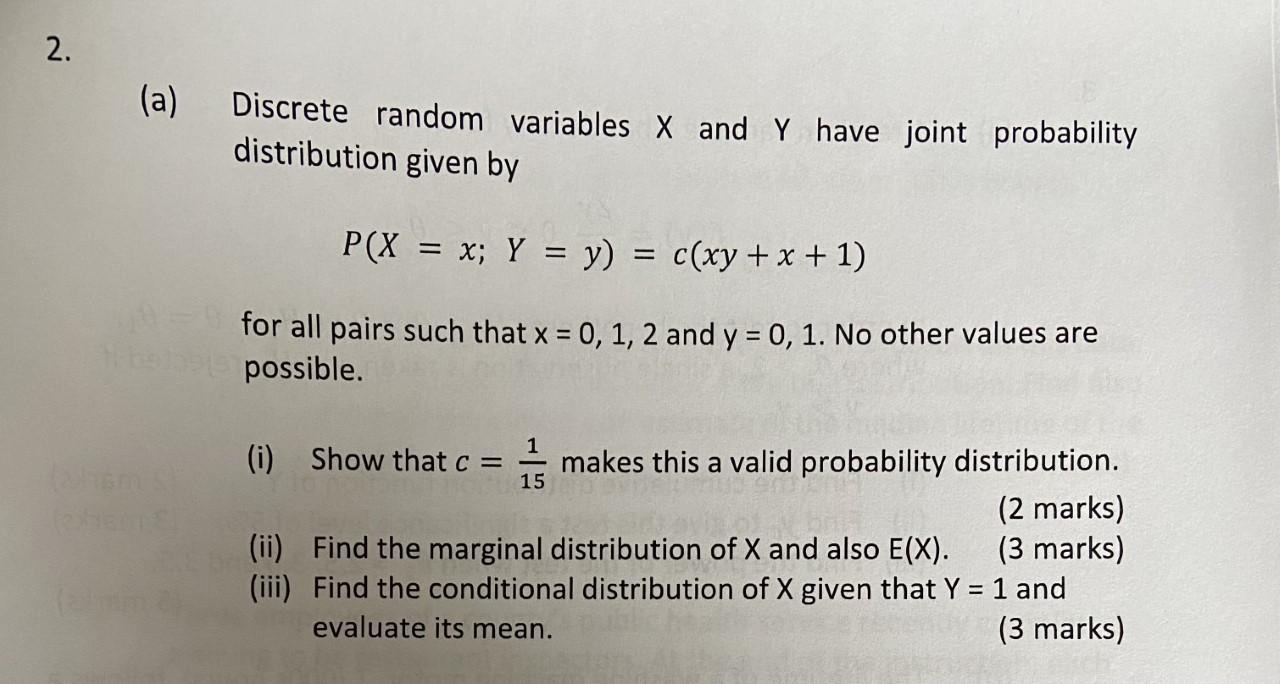 Solved 2. (a) Discrete random variables X and Y have joint | Chegg.com