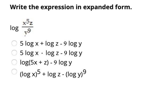 Solved Write the expression in expanded form. log x5z 19 5 | Chegg.com