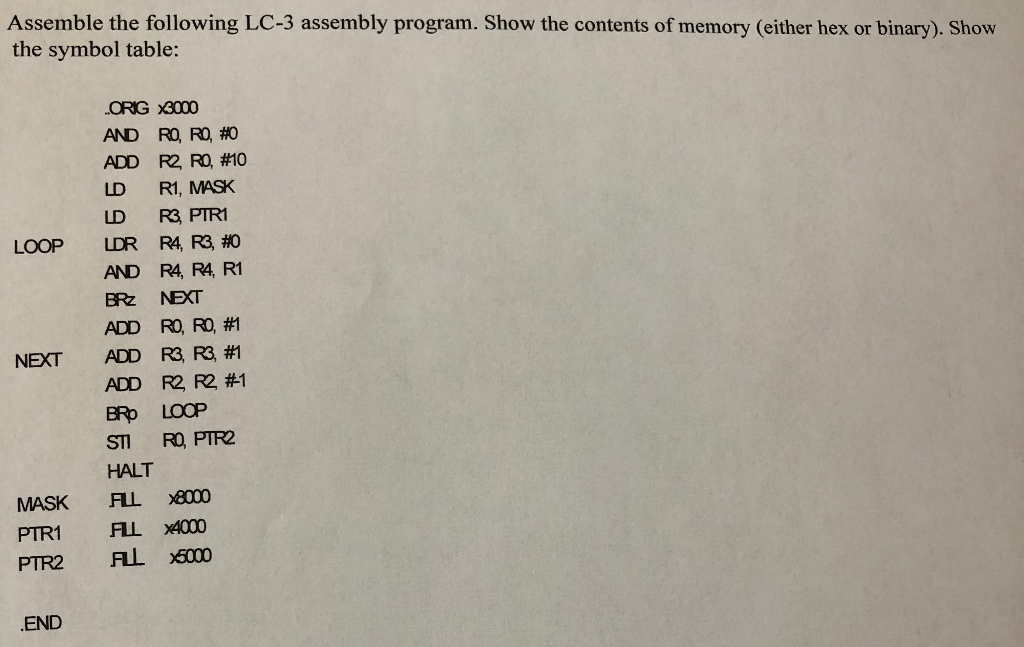 Assemble the following LC-3 assembly program. Show | Chegg.com