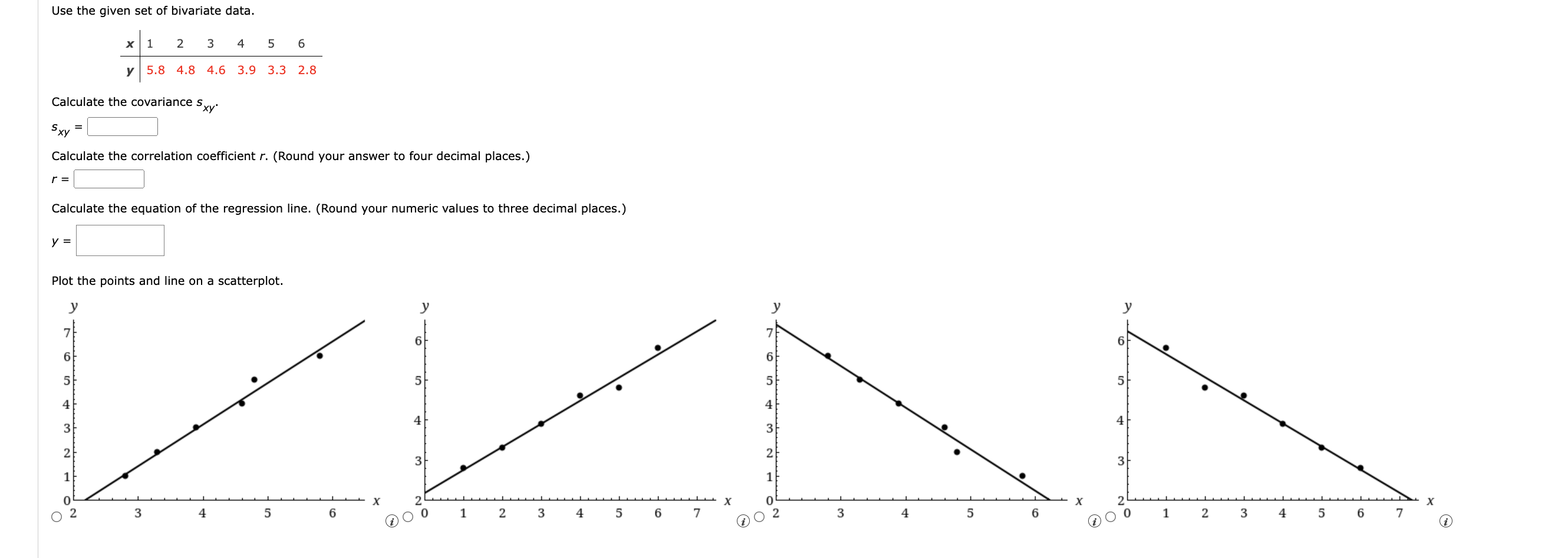 Solved Use the given set of bivariate data. x 1 2 3 4 5 6 y | Chegg.com