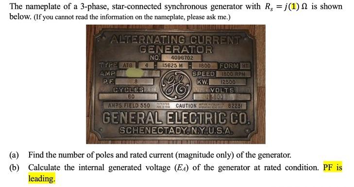 Solved The nameplate of a 3-phase, star-connected | Chegg.com