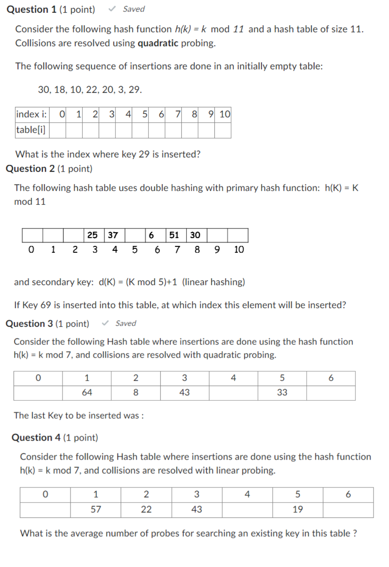 Consider the following hash function h(k)=kmod11 and | Chegg.com