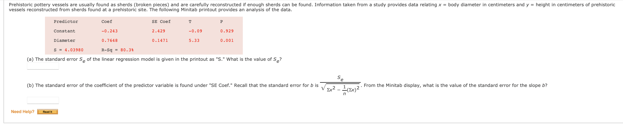 Solved (a) The standard error Se of the linear regression | Chegg.com