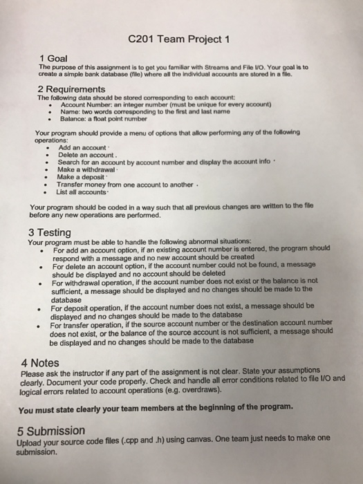 Solved C201 Team Project 1 1 Goal The purpose of this | Chegg.com