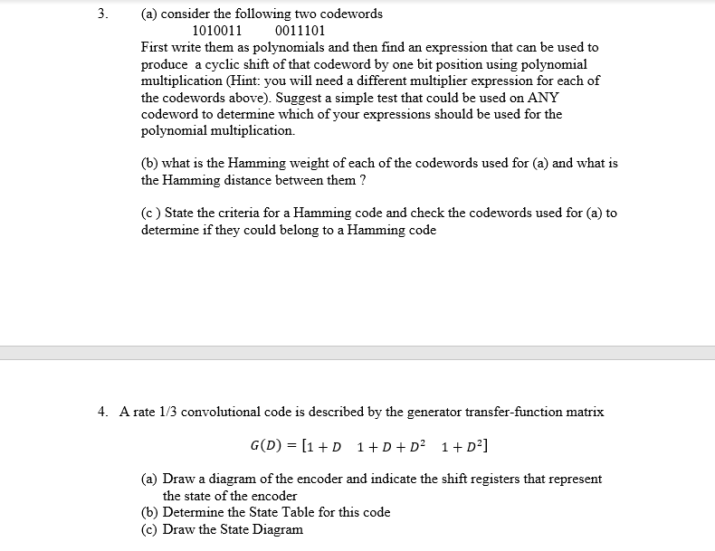 3. (a) consider the following two codewords 1010011 | Chegg.com