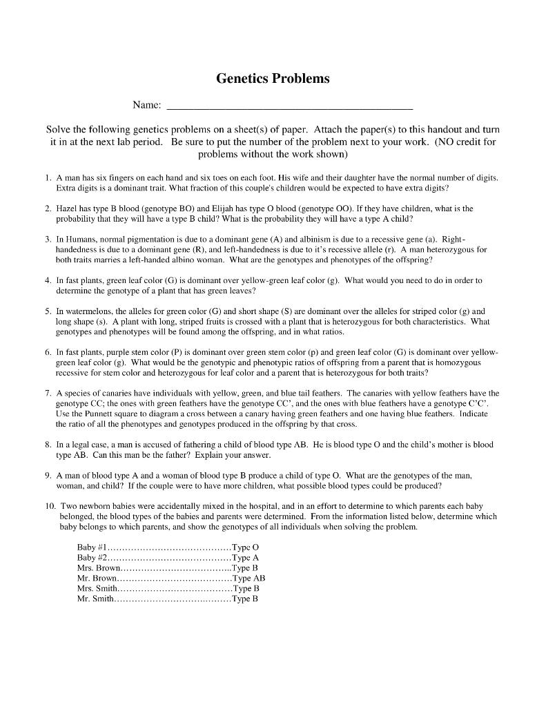 Solved Genetics Problems Name: Solve the following genetics | Chegg.com