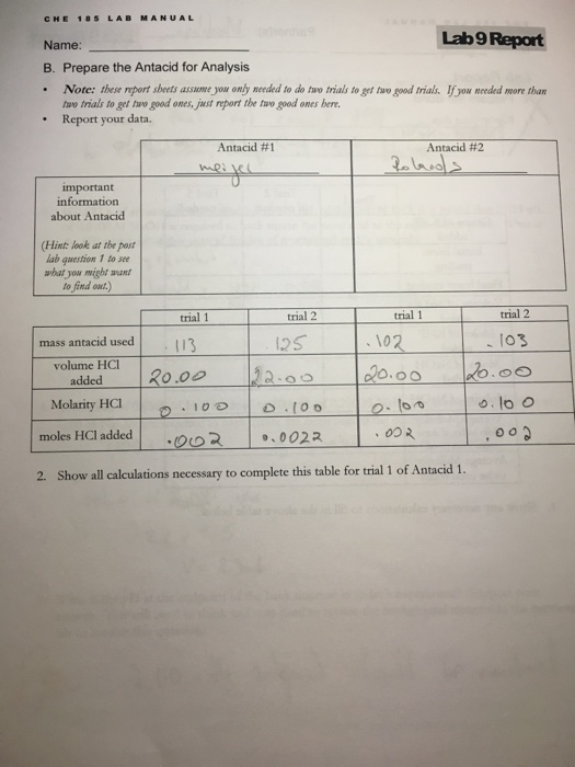 Solved CHE 185 LAB Lab9Report Name: B. Prepare the Antacid | Chegg.com