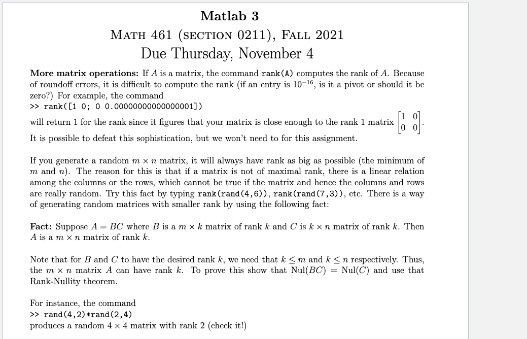 Matlab 3 MATH 461 (SECTION 0211), FALL 2021 Due | Chegg.com