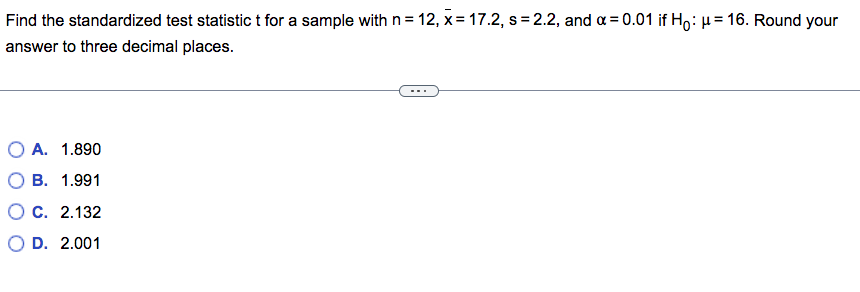 Solved Find the standardized test statistic t for a sample | Chegg.com