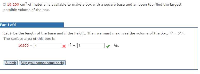 Solved If 19,200 cm2 of material is available to make a box | Chegg.com