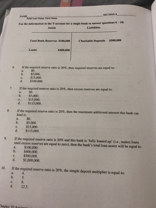 Solved NAME SECTION # Print Last Name, First Name BANKING | Chegg.com