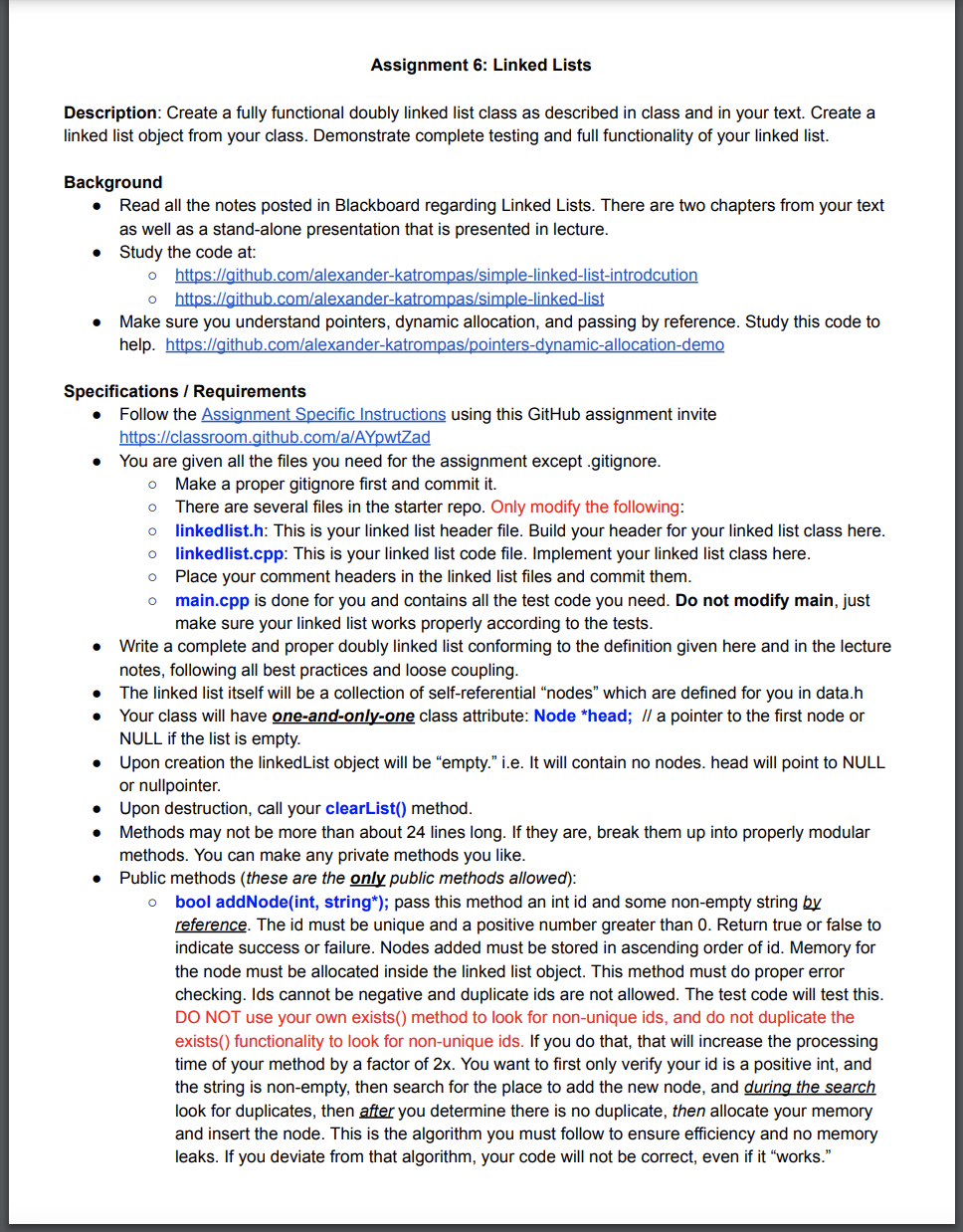 Assignment 6: Linked Lists Description: Create a | Chegg.com