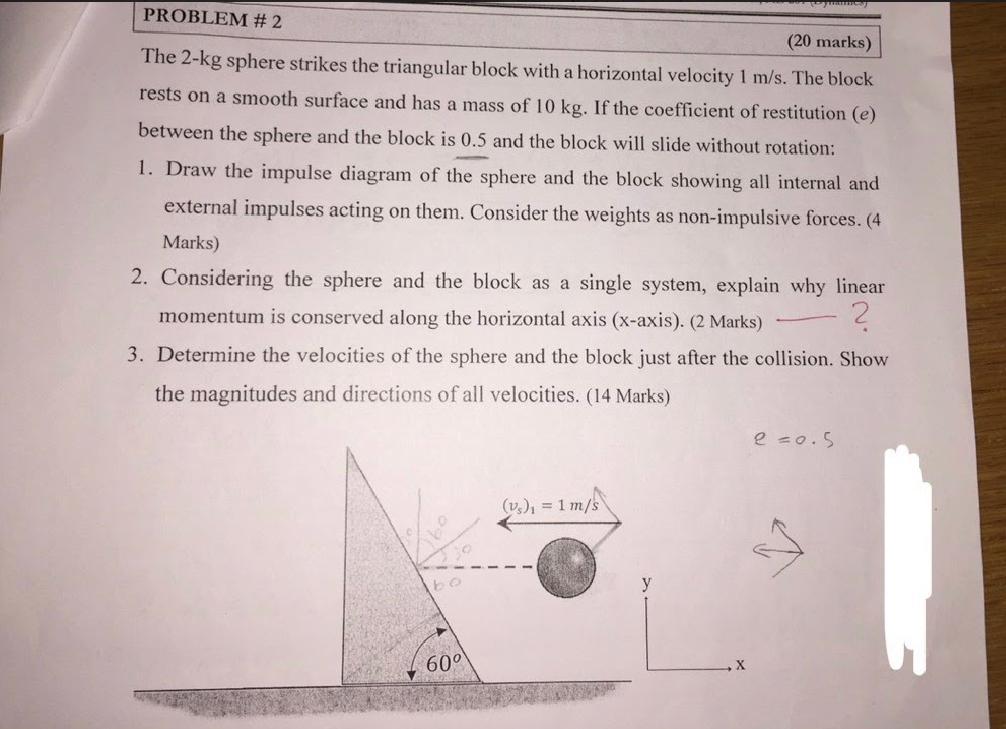 Solved The 2−kg sphere strikes the triangular block with a | Chegg.com