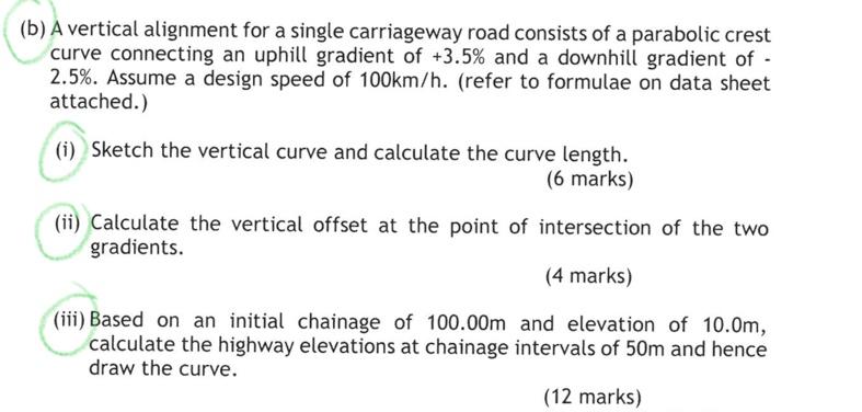 Solved (b) A vertical alignment for a single carriageway | Chegg.com