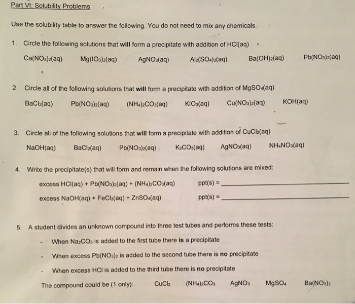 Solved Part VI: Solubility Problems Use the solubility table | Chegg.com