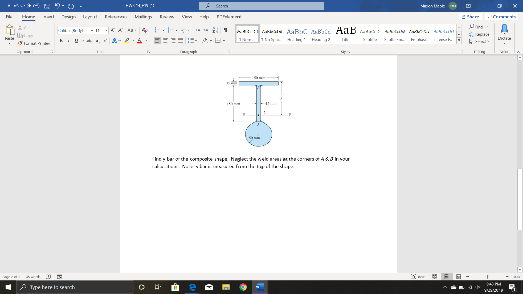Solved Find y bar of the composite shape. Neglect the weld | Chegg.com