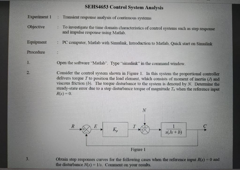 SEHS4653 Control System Analysis Experiment 1 : | Chegg.com