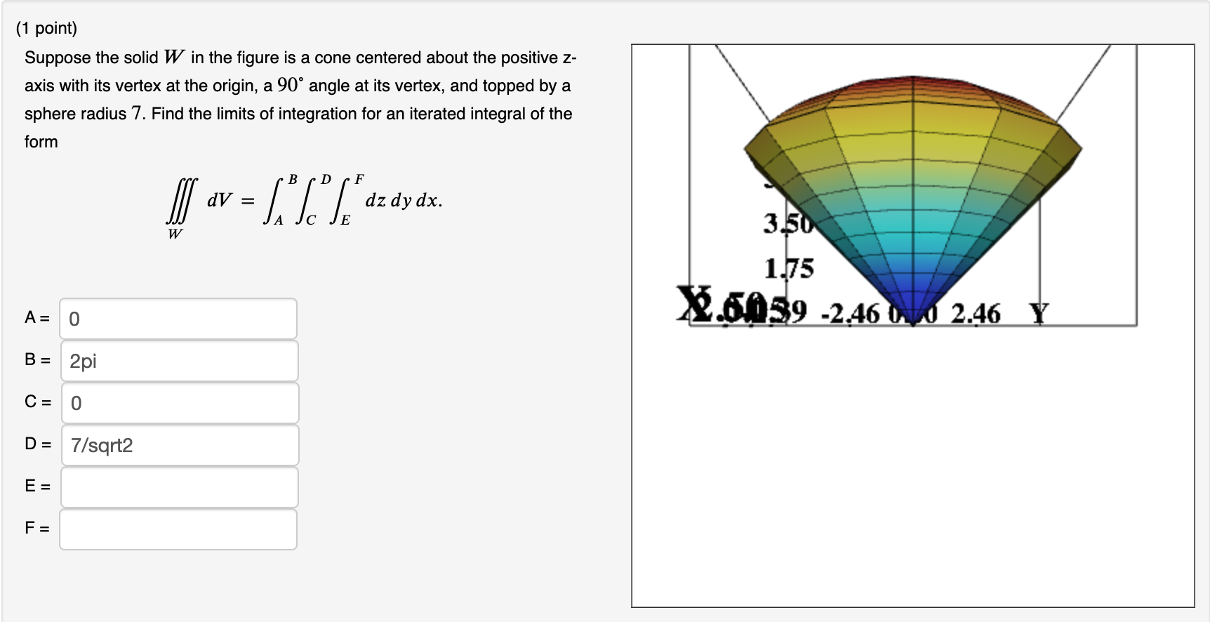 Solved (1 point) Suppose the solid W in the figure is a cone | Chegg.com