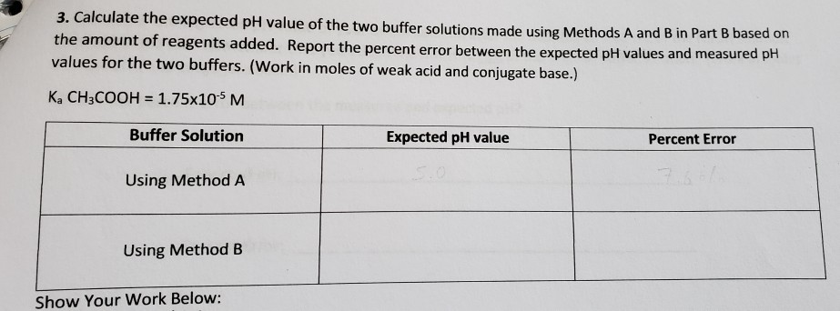 Solved 3. Calculate the expected pH value of the two buffer | Chegg.com