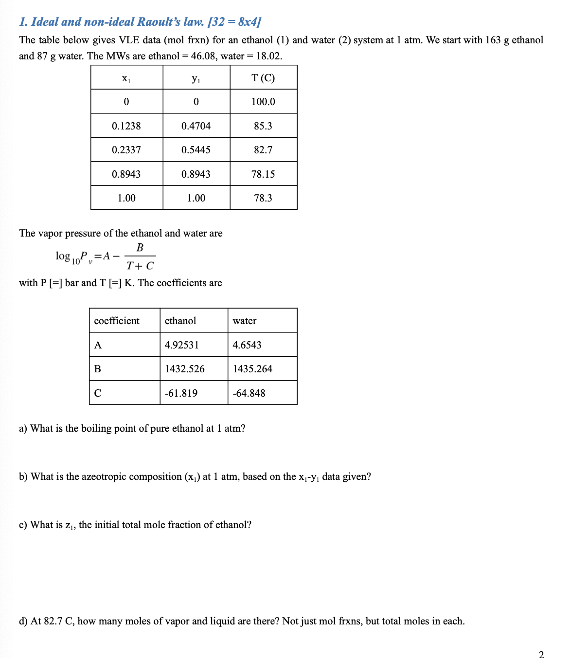 Solved The table below gives VLE data (mol frxn) for an | Chegg.com