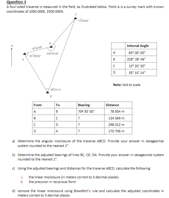 Solved Question 3A four-sided traverse is measured in the | Chegg.com