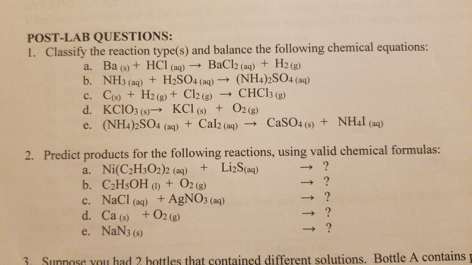 Solved POST-LAB QUESTIONS: 1. Classify the reaction type(s) | Chegg.com