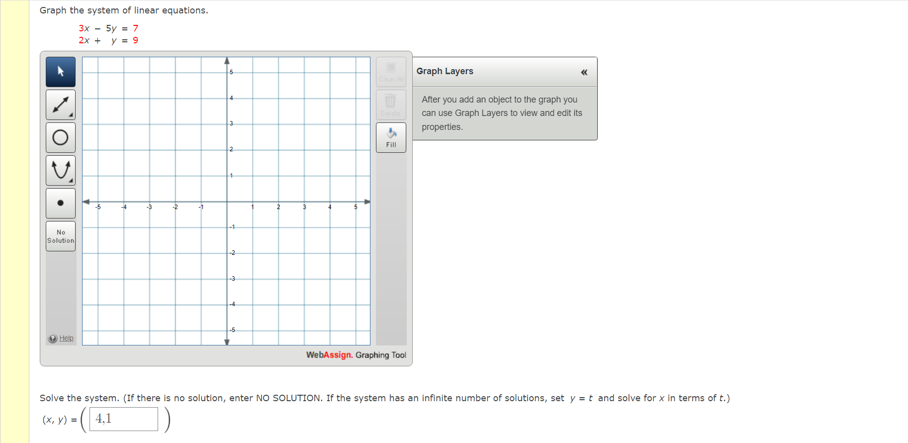 Solved Graph the system of linear equations. 3x−5y=72x+y=9 | Chegg.com