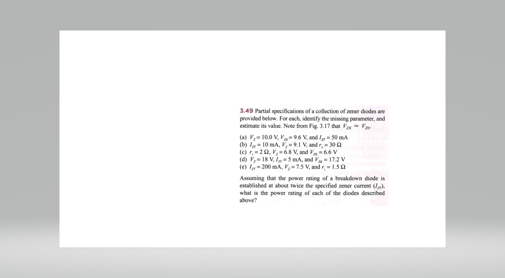 Solved 3.49 Partial specifications of a collection of zener | Chegg.com