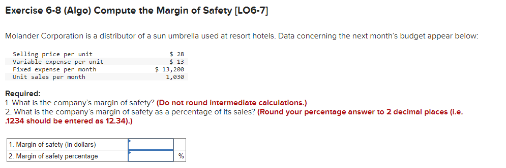 Solved Exercise 6-8 (Algo) Compute the Margin of Safety | Chegg.com