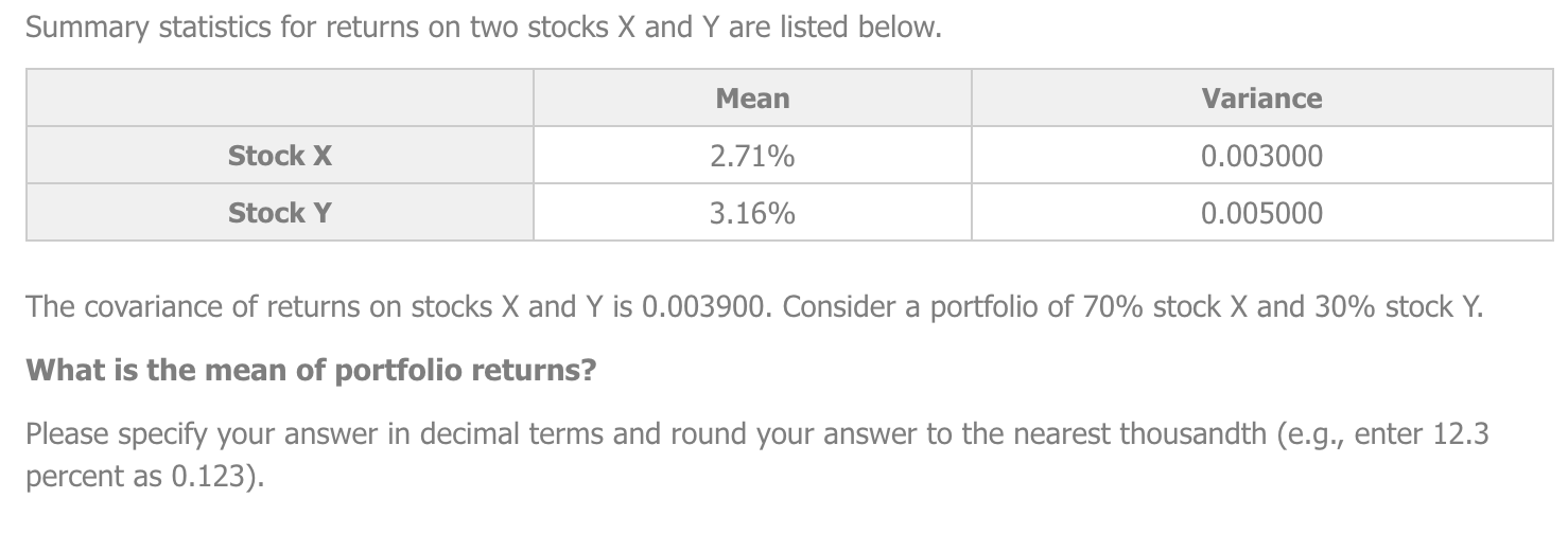 Solved Summary statistics for returns on two stocks X and Y | Chegg.com