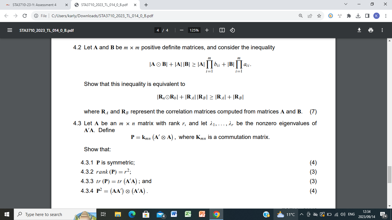 Solved 4.2 Let A and B be m×m positive definite matrices, | Chegg.com