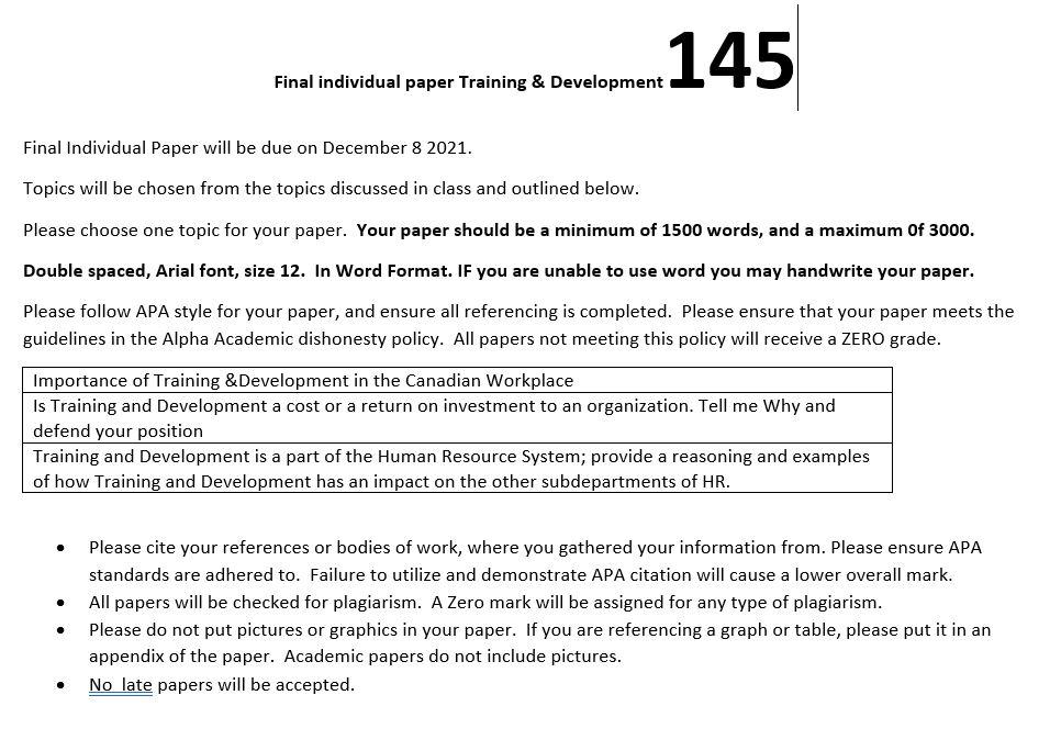 Solved 145 Final individual paper Training & Development | Chegg.com