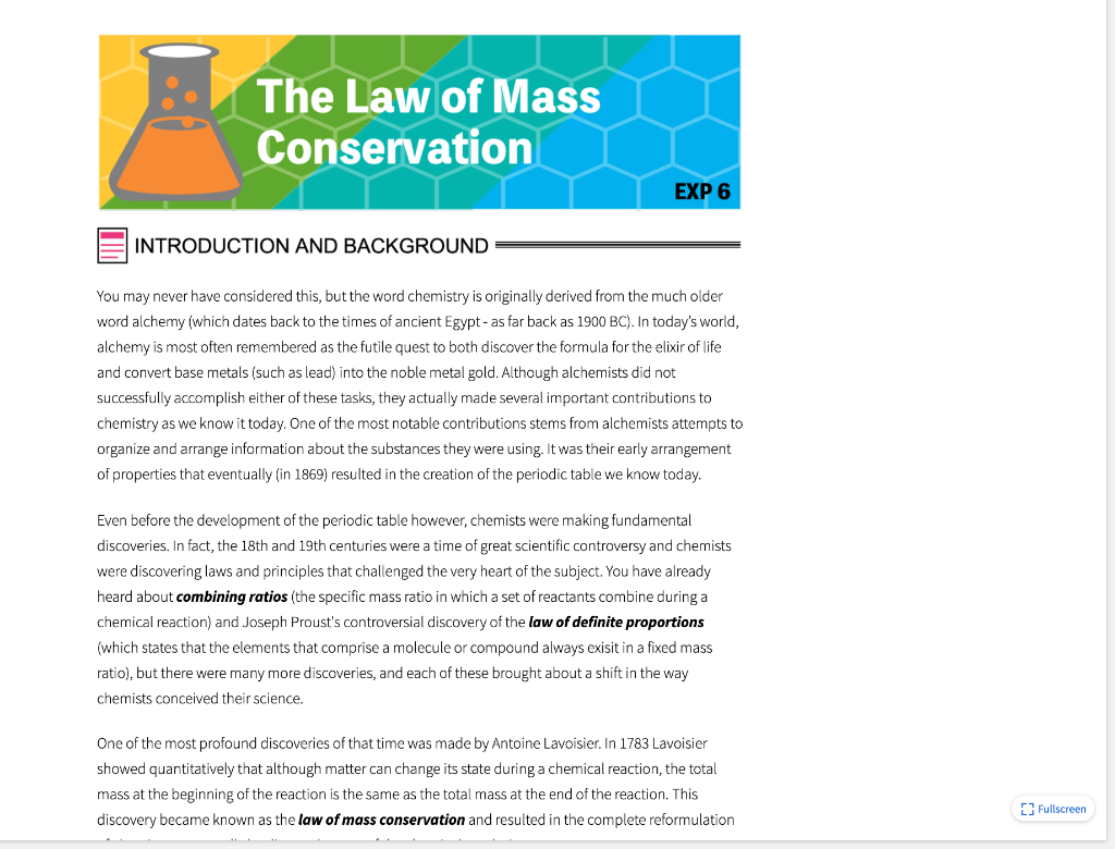 Solved The Law of Mass Conservation EXP 6 INTRODUCTION AND | Chegg.com