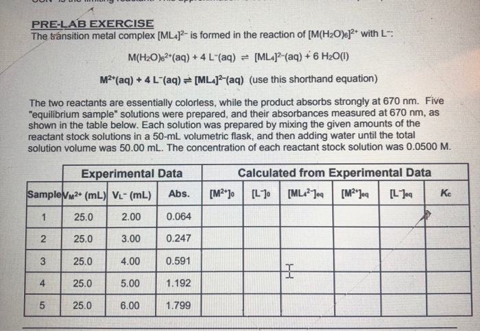 PRE-LAB EXERCISE The transition metal complex [ML4产is | Chegg.com